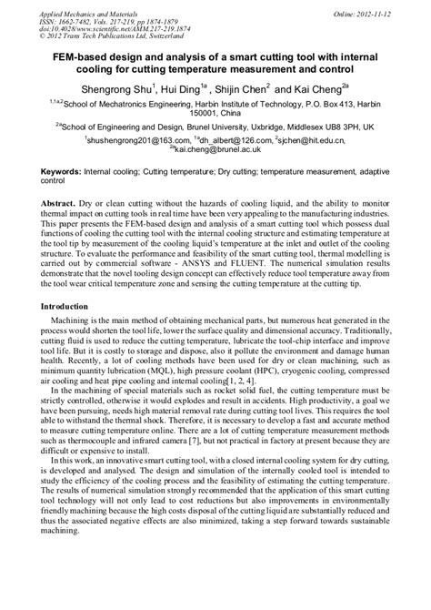 Fem Based Design And Analysis Of A Smart Cutting Tool With Internal Cooling For Cutting