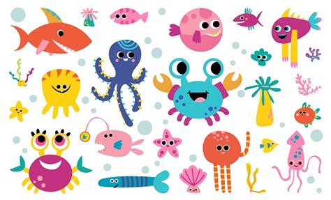 수중 세계 그림자 일치 운동 게임 벡터 세트입니다 인쇄 가능한 워크시트 페이지 보육원 유치 활동 벡터에 대한 스톡 벡터 아트 및