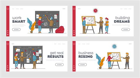 작업 위원회에서 프로젝트 관리 전략을 수립하는 작업벽 개발 계획 방문 페이지 템플릿 세트입니다 스크럼 보드에서 그래프로 작업하는 비즈니스 피플 캐릭터 선형 벡터