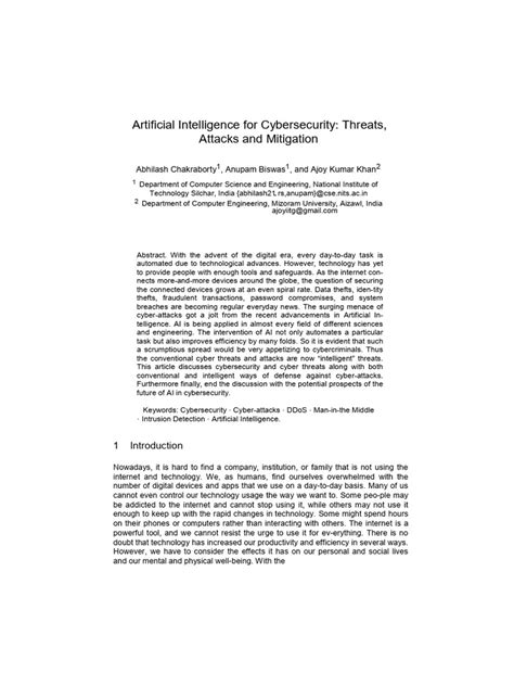 Artificial Intelligence For Cybersecurity Threats Attacks And Mitigation Pdf Security