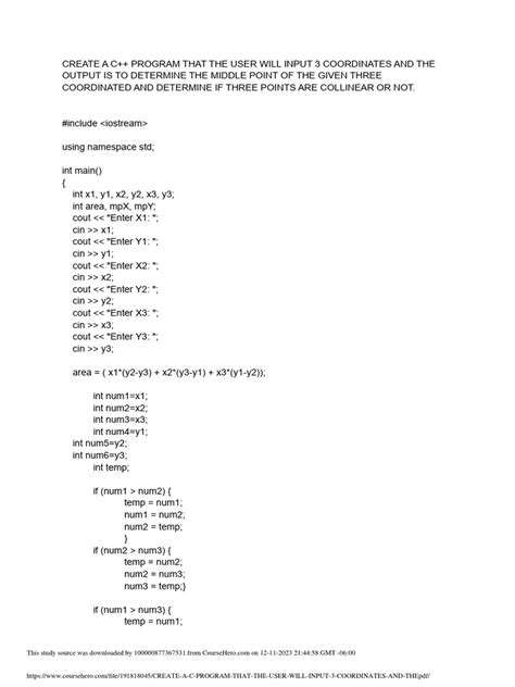 Create A C Program That The User Will Input 3 Coordinates And The Pdf