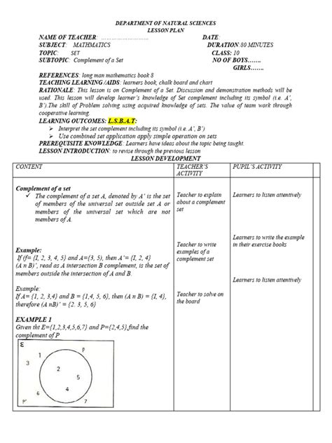 650dd14a3d2b7grade 10 mathematics sets complement of a set editable lesson plan download