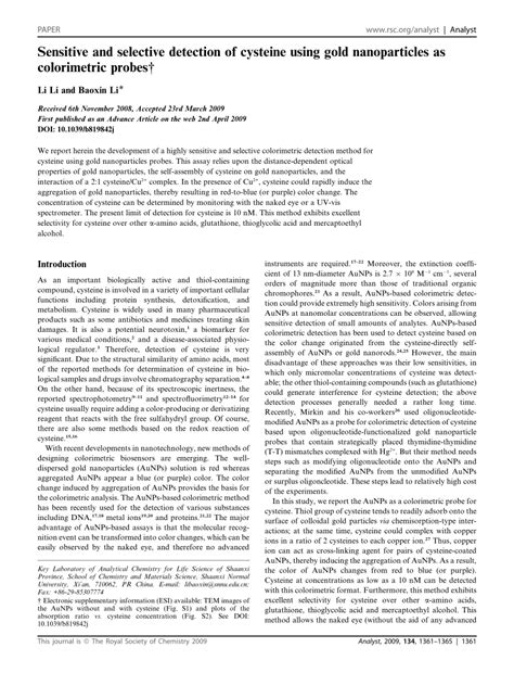 Pdf Sensitive And Selective Detection Of Cysteine Using Gold Nanoparticles As Colorimetric Probes