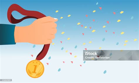 색종이 조각으로 우승 메달을 들고 있는 손 벡터 일러스트 레이 션입니다 메달에 대한 스톡 벡터 아트 및 기타 이미지 메달 리본상 쥠 Istock