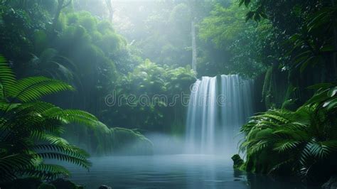 Captivating Jungle Waterfall With Lush Greenery And Misty Water In Ultrarealistic High