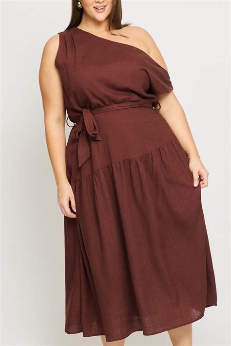Brown Maxi Dress Short Sleeve Asymmetrical Shoulder You And All