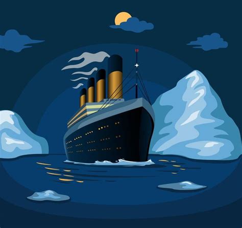 Titanic Cruise Ship Sail In Sea Iceberg In Night Scene Illustration In Cartoon Vector Cartoons