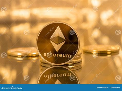 Stack Of Ethereum Coins With Gold Background Editorial Photography