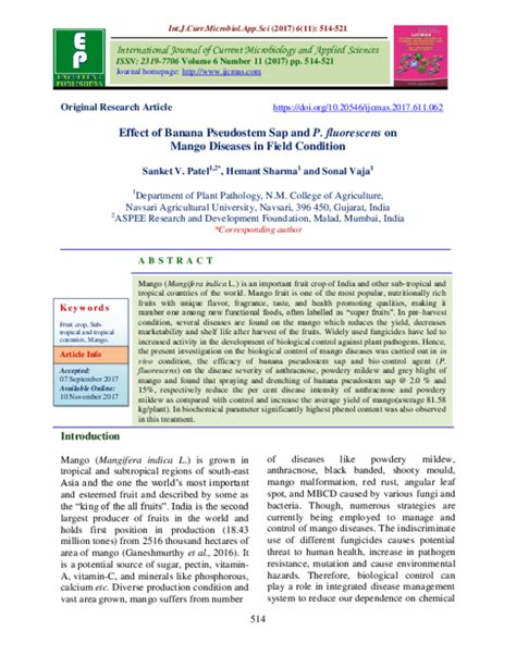 Pdf Effect Of Banana Pseudostem Sap And P Fluorescens On Mango Diseases In Field Condition