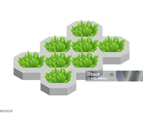 흰색 배경에 고립 된 녹색 잔디와 등색 벡터 일러스트 콘크리트 그리드 포장 평면 만화 스타일의 현실적인 잔디 스톤 아이콘 포장 바닥 벽돌 거리 타일 녹색 잔디 잔디 등측