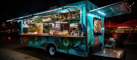Street Food Truck At Night In Urban Area Food Trucks Sell Food And