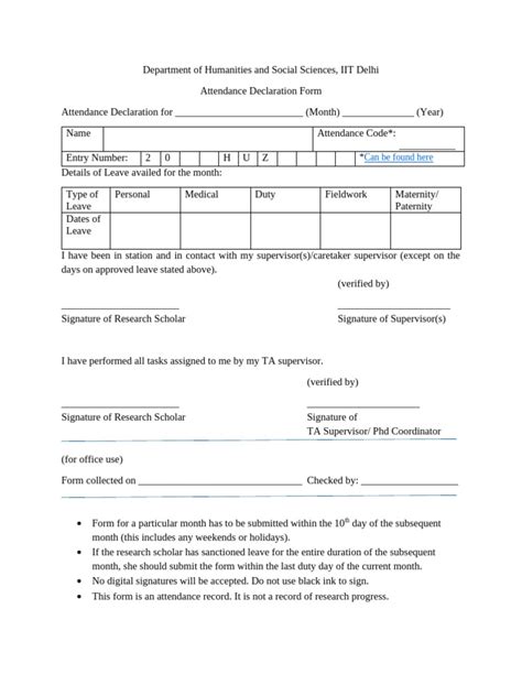 Attendance Declaration Form For Hss Research Scholars 0 Pdf