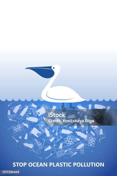 바다 플라스틱 오염을 중지합니다 생태 포스터 펠리컨 흰색 플라스틱 쓰레기 봉투와 물에 바다 새 파란색 배경에 병 공간을 복사합니다 플랫 디자인 펠리컨에 대한 스톡 벡터 아트