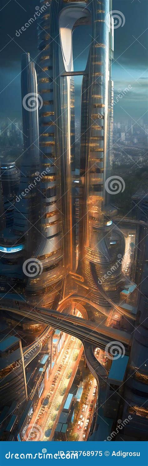 A Tall Tower In A Futuristic City Ai Generated Stock Illustration Illustration Of