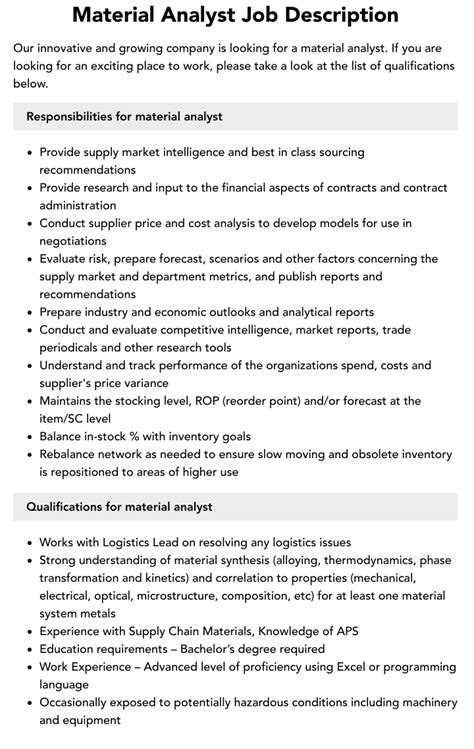 Material Analyst Job Description Velvet Jobs
