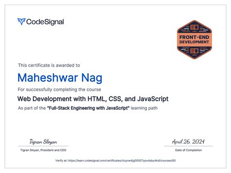 Maheshwar N On Linkedin Codesignal Course Certificate Of Achievement