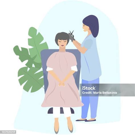 웃는 소녀 미용사는 고객을 위해 그녀의 머리를한다 살롱 이발소 장식 디자인 페이지 흰색 배경에 있는 벡터 격리된 그림입니다 가위에 대한 스톡 벡터 아트 및 기타 이미지