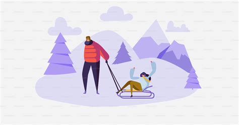 겨울 활동에 행복한 커플 캐릭터 눈 덮인 산에서 썰매를 타는 남자와 여자 겨울 방학에 평평한 사람들 벡터 그림 벡터