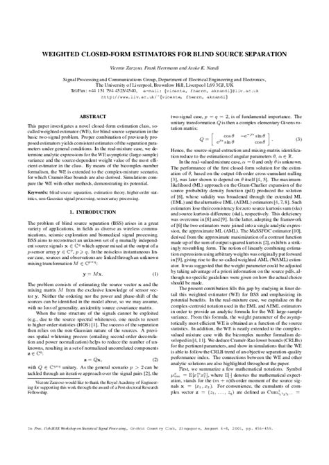 Pdf Weighted Closed Form Estimators For Blind Source Separation