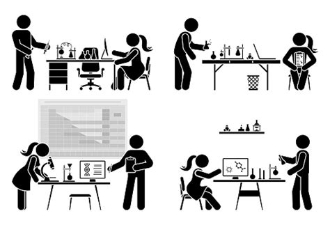 스틱 피겨 남성과 여성 화학자 화학 실험실 클래스 룸 벡터 일러스트 레이 션 아이콘 픽토그램 세트에서 과학 연구를 만드는 Dna에 대한 스톡 벡터 아트 및 기타 이미지
