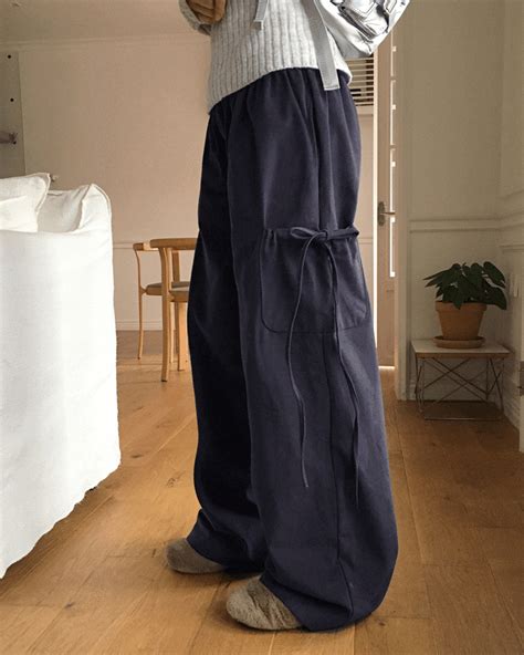원더원더 호엘 피치 기모 리본 스트링 카고 밴딩 코튼 롱 와이드 팬츠 위시버킷