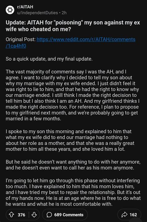 Not Oop Update Aitah For Poisoning My Son Against My Ex Wife Who Cheated On Me Rredditonwiki