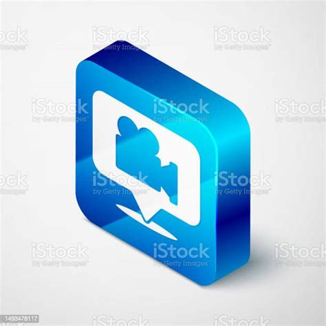 아이소메트릭 카메라와 위치 핀 아이콘은 회색 배경에 분리되어 있습니다 파란색 사각형 버튼입니다 벡터 3차원 형태에 대한 스톡