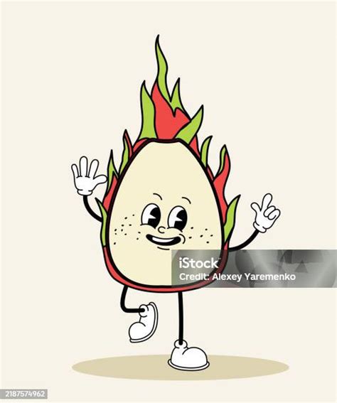 드래곤 과일 복고풍 캐릭터입니다 만화에 대한 가상의 인물 쾌활한 장난감과 마스코트 춤 감정 및 이모티콘 템플릿 및 레이아웃 평면 벡터 일러스트 레이 션 1980 1989