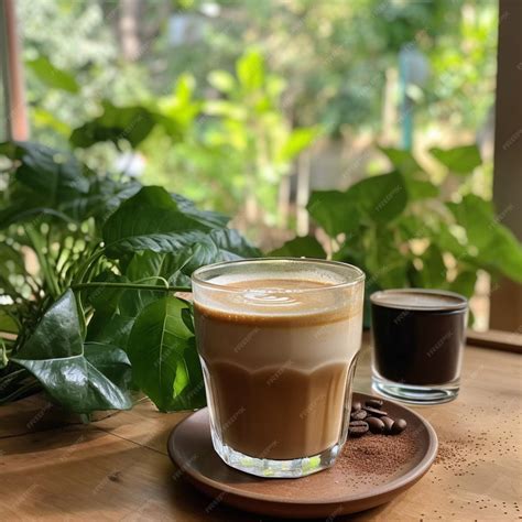 Dos Tazas De Café En Una Mesa Con Una Planta Al Fondo Foto Premium