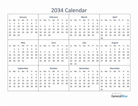 One Page Yearly Calendar 2034 Pdf Excel Word