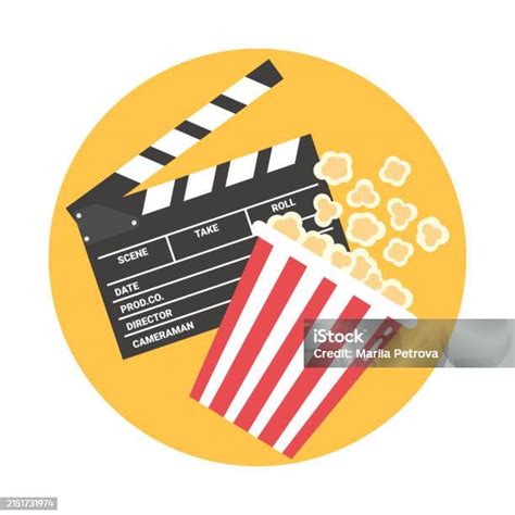 열린 클래퍼 보드와 팝콘 양동이가 있는 영화 엠블럼 둥근 노란색 배경입니다 평면 스타일의 벡터 일러스트 레이 션 0명에 대한