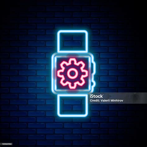 벽돌 벽 배경에 격리 된 빛나는 네온 라인 스마트 워치 설정 아이콘 스마트 시계 설정 다채로운 개요 개념 벡터 개인 장식품에 대한 스톡 벡터 아트 및 기타 이미지 Istock