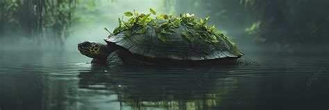 A Turtle With Leaves Growing On Its Shell Is Floating In The Water