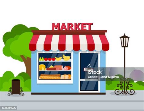 상점 앞 식료품 점 외관 벡터 일러스트 상점 건물 플랫 만화 가게 정면 보기 개념에 대한 스톡 벡터 아트 및 기타 이미지 개념 개념과 주제 거리 Istock
