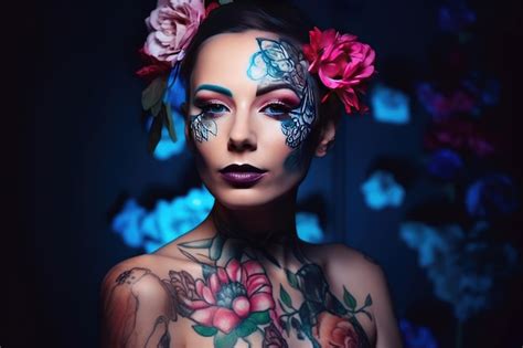 Premium Ai Image Sensual Woman With Body Art And Colored Eyes And