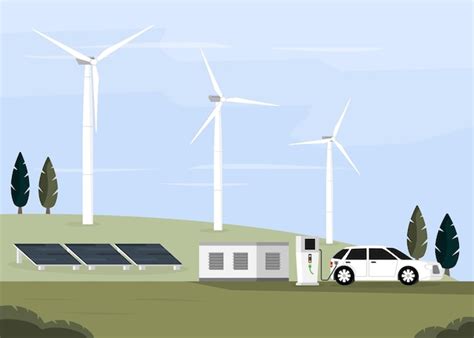 풍력 터빈 및 태양 전지 에너지로 충전하는 동안 Ev 스테이션 및 자동차 전기 프리미엄 벡터