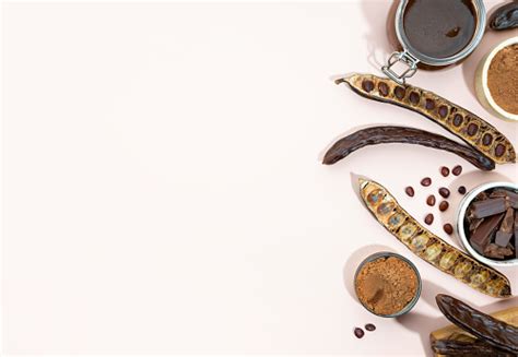 베이지 색 배경에 유기농 캐롭 포드 분말 및 캐롭 당밀 메뚜기 콩 건강 식품 세라토니아 실리쿠아 하누프 천연 비건 식사 창조적 인 음식 배경 공간을 복사합니다 플랫 레이