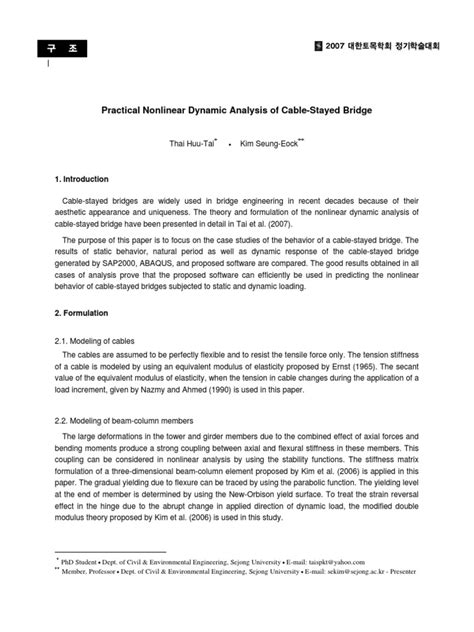 Practical Nonlinear Dynamic Analysis Of Cable Stayed Bridges Pdf Bending Stiffness