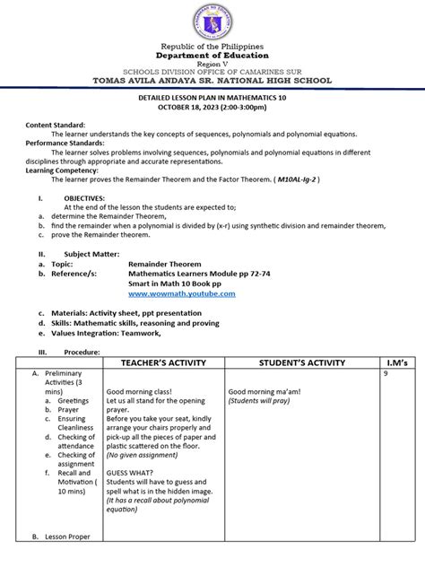 Lp Remainder Theorem Grade10 Pdf Division Mathematics Polynomial