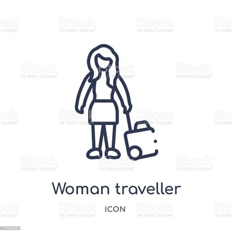 여성 개요 컬렉션에서 선형 여자 여행자 아이콘입니다 얇은 라인 여자 여행자 아이콘 흰색 배경에 고립입니다 여성 여행자 유행 그림