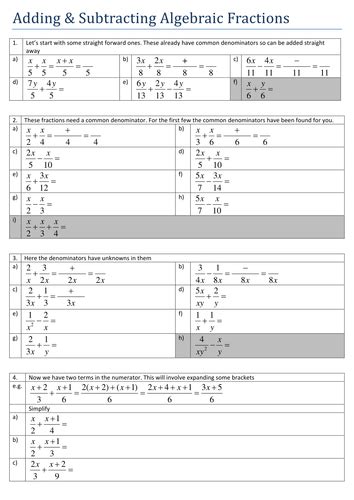 Maths Adding And Subtracting Algebraic Fractions Teaching Resources
