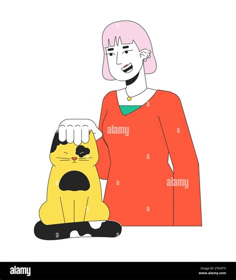 Ear Piercings Asian Girl Petting Cat 2d Linear Cartoon Character Stock