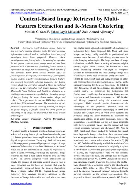 Pdf Content Based Image Retrieval By Multi Features Extraction And K Means Clustering