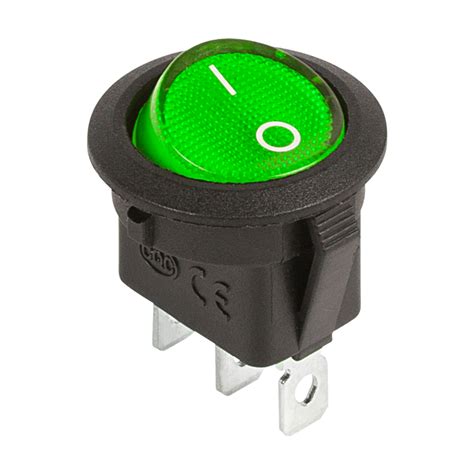 Выключатель клавишный круглый 12V 20А (3с) ON-OFF зеленый с подсветкой ...