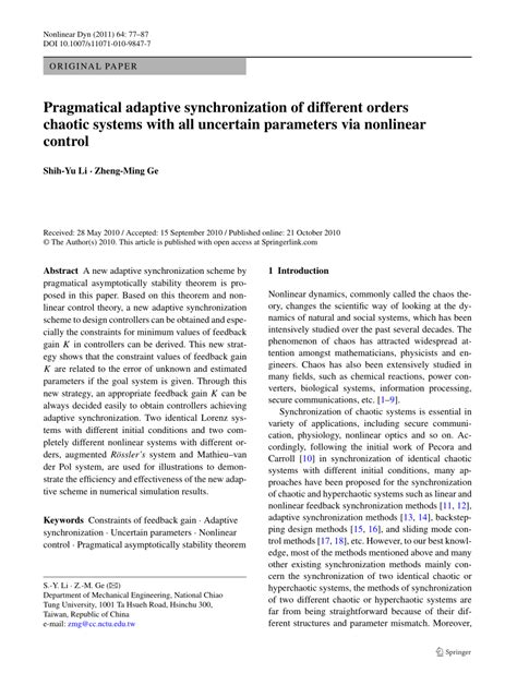 Pdf Pragmatical Adaptive Synchronization Of Different Orders Chaotic Systems With All