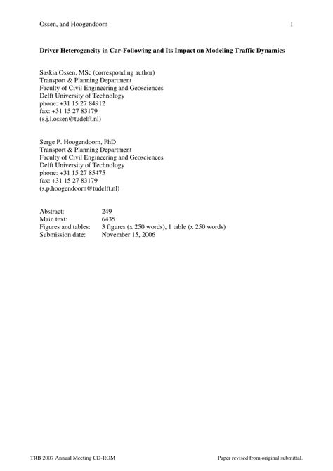 Pdf Driver Heterogeneity In Car Following And Its Impact On Modeling Traffic Dynamics
