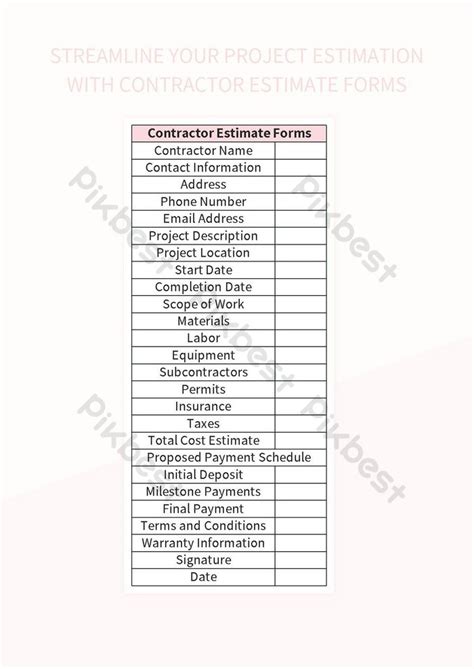 Streamline Your Project Estimation With Contractor Estimate Forms Excel Template Free Download