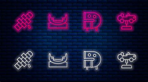 세트 라인 보트 스윙 어린이 놀이터 슬라이드 파이프 홉스카치 및 스윙 카 벽돌 벽에 빛나는 네온 아이콘입니다 벡터 0명에 대한 스톡 벡터 아트 및 기타 이미지 Istock