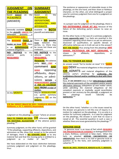 Judgment On The Pleading Vs Summary Judgment Pdf Summary Judgment Pleading