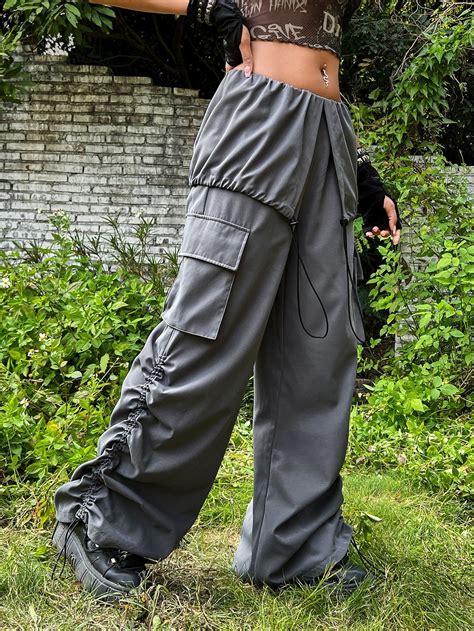 Romwe Punk Calças Cargo Bolso Com Aba Cintura Com Cordão In 2024 Cargo Pants Cargo Pants